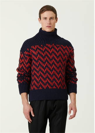 Jil Sander Erkek Lacivert Kırmızı Geometrik Desenli Yün Kazak 50 IT Jil Sander Erkek Lacivert Kırmızı Geometrik Desenli Yün Kazak 50 IT