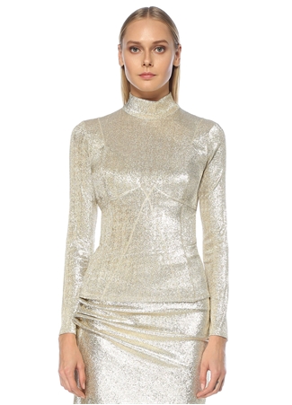 Paco Rabanne Kadın Gold Balıkçı Yaka Parlak Dokulu Bluz Altın Rengi 40 IT