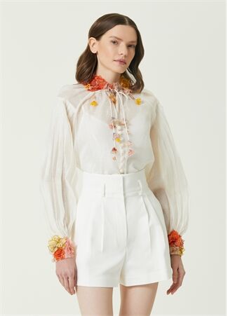 Zimmermann Kadın Ekru Çiçek Aplikeli Balon Kol Keten Gömlek Bej Us