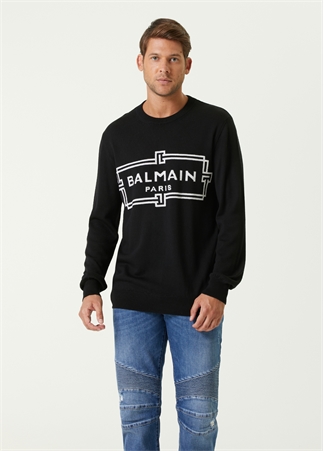 Balmain Erkek Siyah Beyaz Logo Jakarlı Yün Kazak S EU