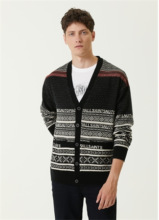 Allsaints Erkek Cyper Siyah Etnik Desenli Logolu Triko Hırka L EU