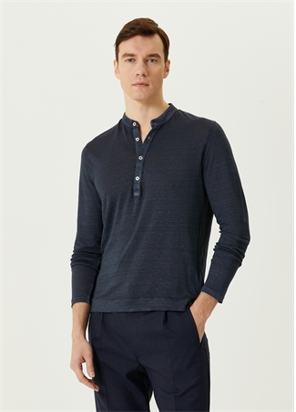 Boglioli Erkek Lacivert Hakim Yaka Uzun Kollu Keten T-shirt L EU