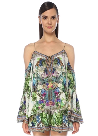 Camilla Kadın Moon Garden Desenli Omzu Açık İpek Bluz Yeşil M EU