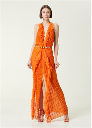 Raisa Vanessa Kadın Turuncu Fırfırlı Maksi Şifon Abiye Elbise 36 EU Raisa Vanessa Kadın Turuncu Fırfırlı Maksi Şifon Abiye Elbise 36 EU