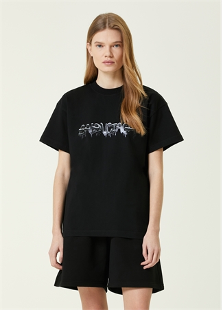 Balenciaga Kadın Siyah Bisiklet Yaka Logolu T-shirt S EU