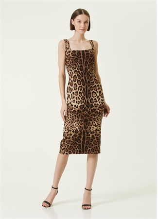 Dolce&Gabbana Kadın Kare Yaka Leopar Desenli Midi İpek Elbise Kahverengi 38 IT