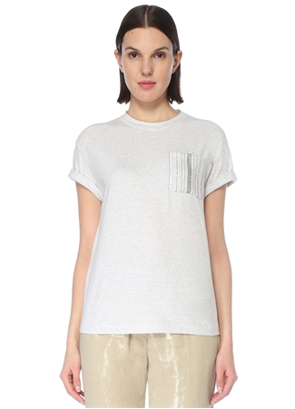 Brunello Cucinelli Kadın Beyaz Zincir Detaylı Cepli T-shirt Gri XS EU