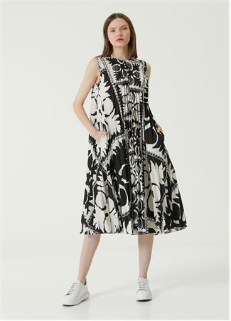 Red Valentino Kadın Siyah Beyaz Desenli Pilili Midi Elbise 38 IT