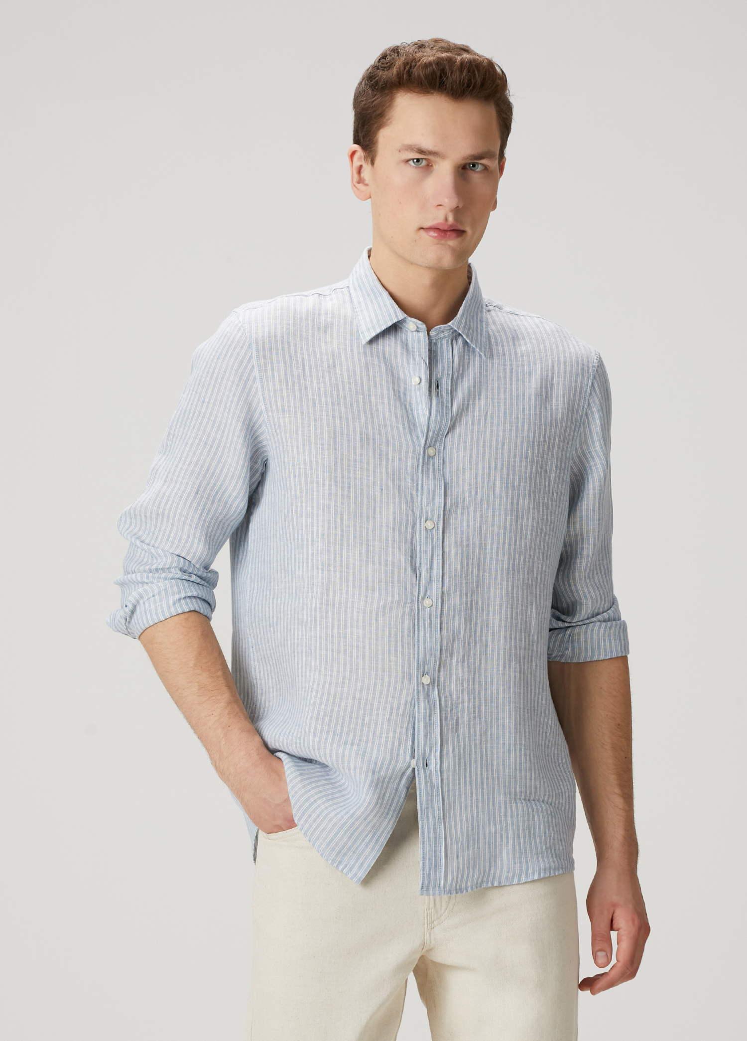 Michael Kors Açık Mavi Erkek Açık Mavi Çizgi Desenli Keten Gömlek ...