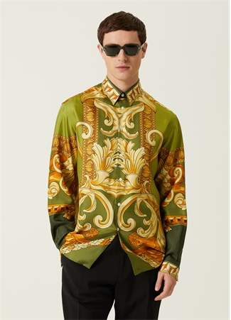 Versace Erkek Yeşil Barok Desenli İpek Gömlek Haki 40 IT
