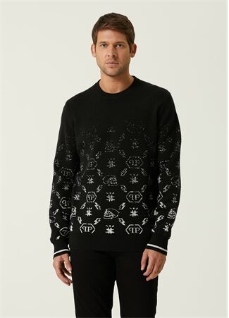 Philipp Plein Erkek Siyah Gri Logo Jakarlı Degradeli Yün Kazak M EU