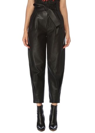 Red Valentino Kadın Siyah Yüksek Bel Kuşaklı Deri Pantolon 38 IT