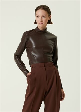 Academia Kadın Kahverengi Deri Görünümlü Bluz 38