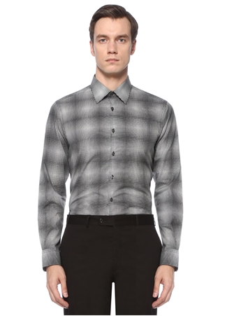Pal Zileri Erkek Gri Ekose Desenli İngiliz Yaka Gömlek 39 IT