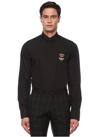 Dolce&Gabbana Erkek Siyah İngiliz Yaka Logo Patchli Gömlek 38 IT