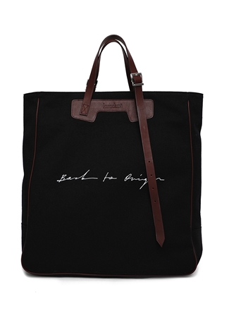 Kundura Erkek Siyah Slogan Detaylı Logolu Deri Çanta EU