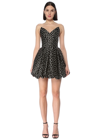 Rasario Kadın Siyah Beyaz Puanlı Mini İpek Kloş Kokteyl Elbise 36 IT