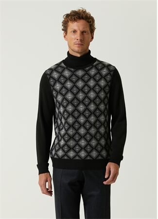 Canali Erkek Siyah Balıkçı Yaka Desenli Kazak 52 IT