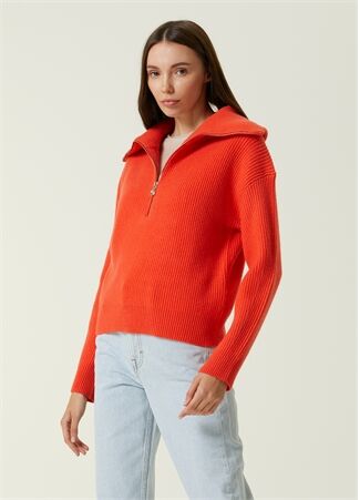 Maje Kadın Turuncu Yakası Fermuarlı Yün Kazak 2 US