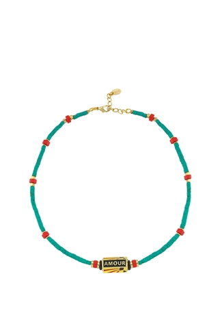 Berrin Özkan Kadın Amour Yeşil Turuncu Boncuklu Altın Rengi Kaplama Kolye EU