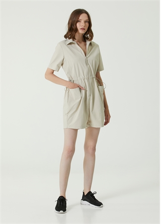 Hummel Hive Kadın Bej Polo Yaka Beli Büzgülü Mini Tulum XS EU