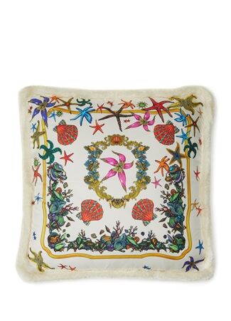 Versace Colorblocked Desenli İpek Dekoratif Yastık Beyaz