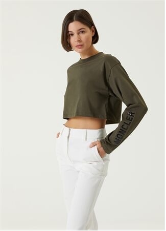 Moncler Kadın Haki Logo Baskılı Crop Sweatshirt S EU