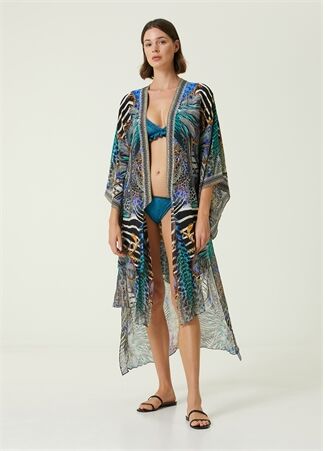 Camilla Kadın Mavi Taş İşlemeli Hayvan Desenli İpek Kaftan S/M EU