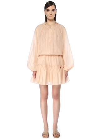 Bird & Knoll Kadın Bijoux Krem Fırfırlı Balon Kol Mini Elbise Bej S EU