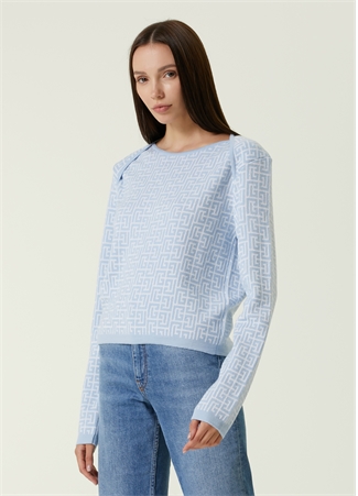 Balmain Kadın Mavi Beyaz Kayık Yaka Jakarlı Merino Kazak 42 FR Balmain Kadın Mavi Beyaz Kayık Yaka Jakarlı Merino Kazak 42 FR