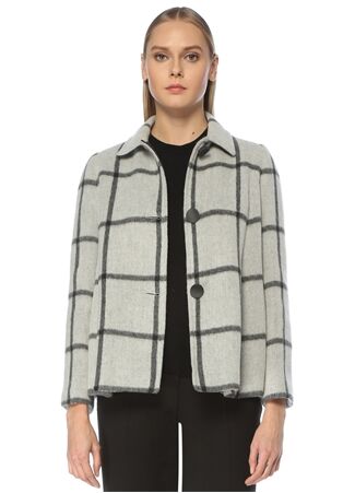 Emporio Armani Kadın Gri Gömlek Yaka Kareli Yün Kaban 42 IT