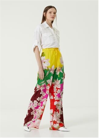 Valentino Kadın Yüksek Bel Çiçekli Bol Paça İpek Pantolon 42 IT