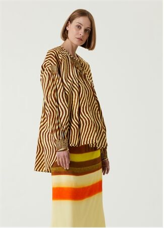 Dries Van Noten Kadın Kahverengi Desenli Büzgü Detaylı Bluz Bej 42 FR