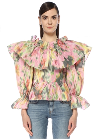 Msgm Kadın Pembe Desenli Fırfır Detaylı Balon Kol Bluz 40 IT