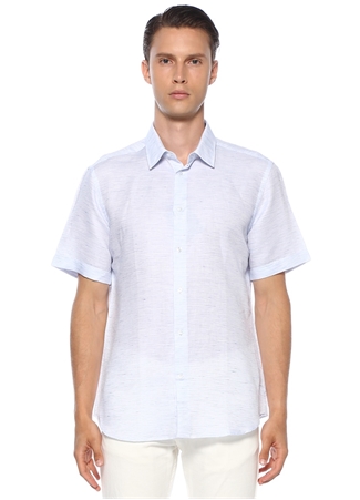 Palzileri Lab Erkek Mavi Polo Yaka Çizgili Kısa Kollu Keten Gömlek 40 IT