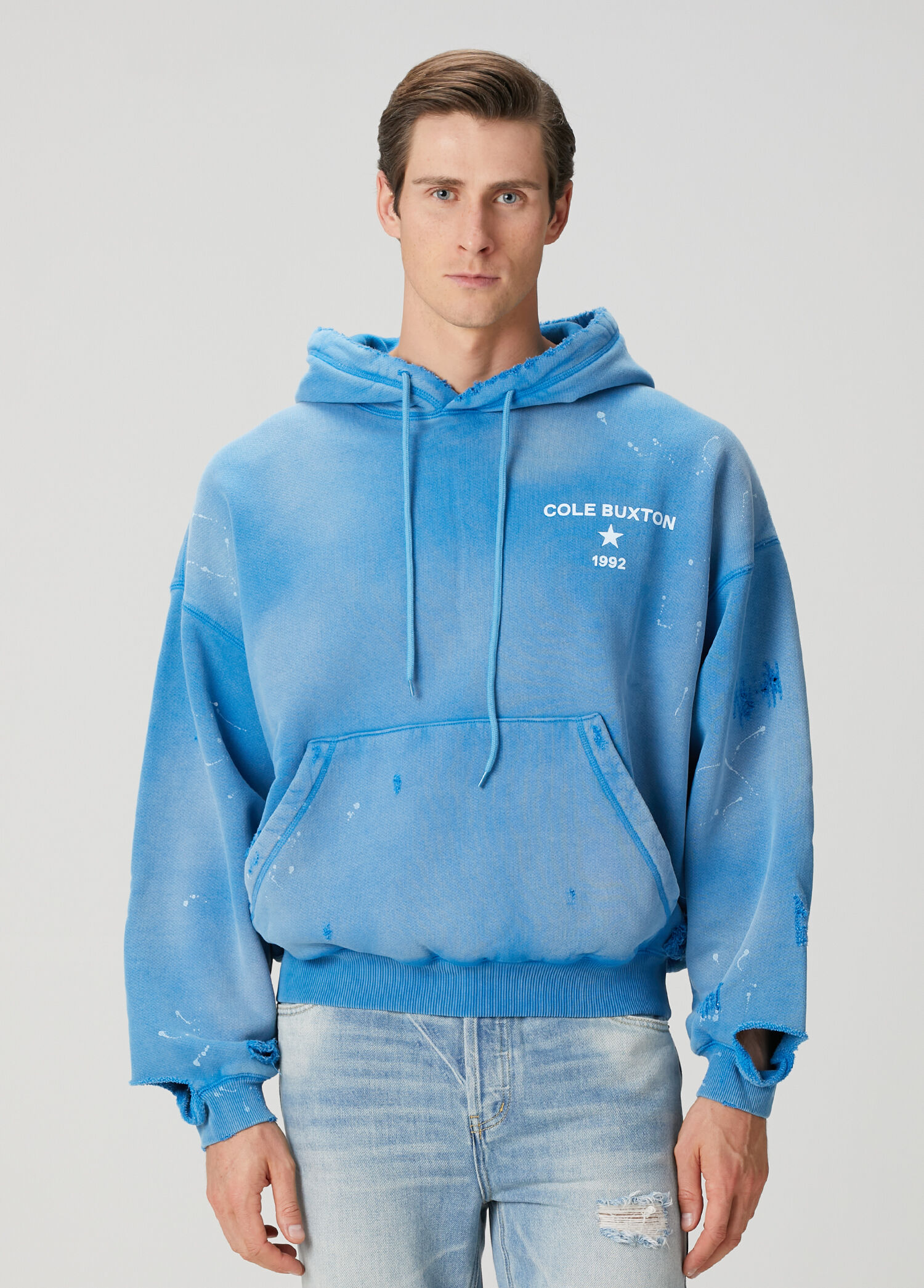 Cole Buxton - 1992 Mavi Kapüşonlu Yıpratma Detaylı Sweatshirt - Mavi