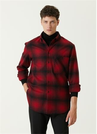 Erkek Kırmızı Siyah Kareli Yün Gömlek L EU