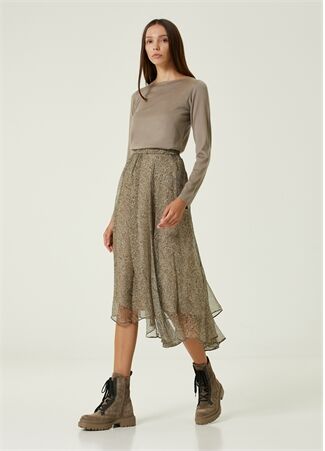 Brunello Cucinelli Kadın Kahverengi Şal Desenli Midi İpek Etek 38 IT