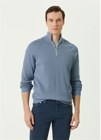 Brunello Cucinelli Erkek Mavi Yakası Fermuarlı Kazak 50 IT