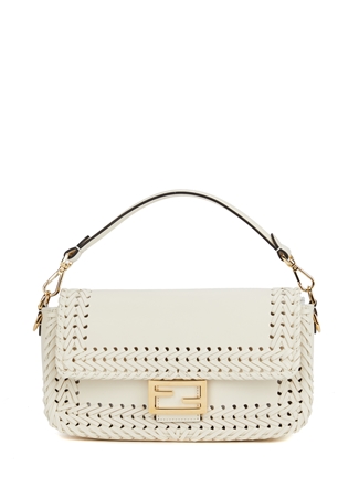 Fendi Kadın Beyaz Örgü Şeritli Deri El Çantası EU