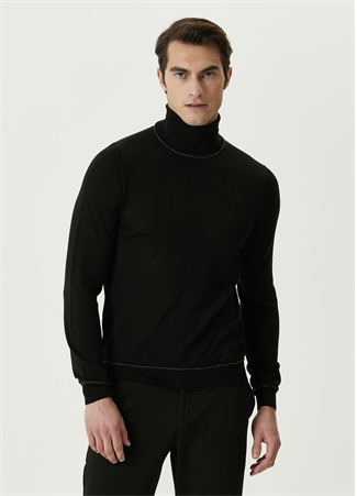 Palzileri Lab Erkek Siyah Balıkçı Yaka Biye Detaylı Yün Kazak 54 It
