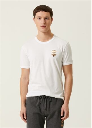 Dolce&Gabbana Erkek Beyaz Bisiklet Yaka Nakışlı T-shirt 44 IT