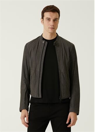 Emporio Armani Erkek Kahverengi Dik Yaka Desenli Deri Mont 50 IT