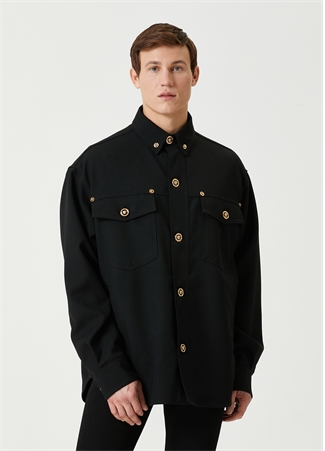 Versace Erkek Siyah Logo Detaylı Yün Gömlek 50 IT