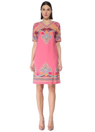 Etro Kadın Pembe V Yaka Şal Desenli Mini Elbise 42 IT