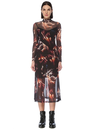 Allsaints Kadın Hanna Flames Siyah Dik Yaka Midi Elbise 4 Uk