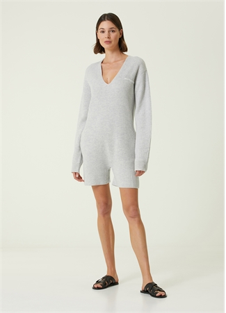 Helmut Lang Kadın Gri V Yaka Mini Yün Triko Tulum S EU