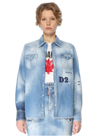 Dsquared2 Kadın Yıpratmalı Patch Detaylı Jean Gömlek Mavi 42 IT