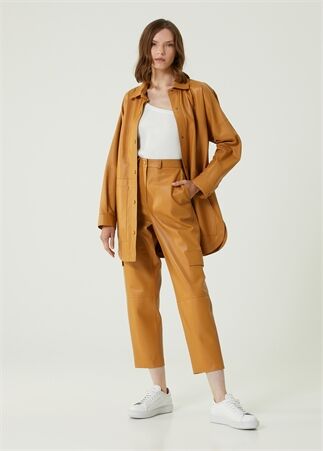 Academia Kadın Kamel Yüksek Bel Crop Deri Pantolon Kahverengi 34