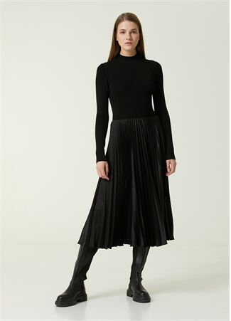 Beymen Club Kadın Siyah Dik Yaka Pilili Uzun Kol Midi Elbise 40